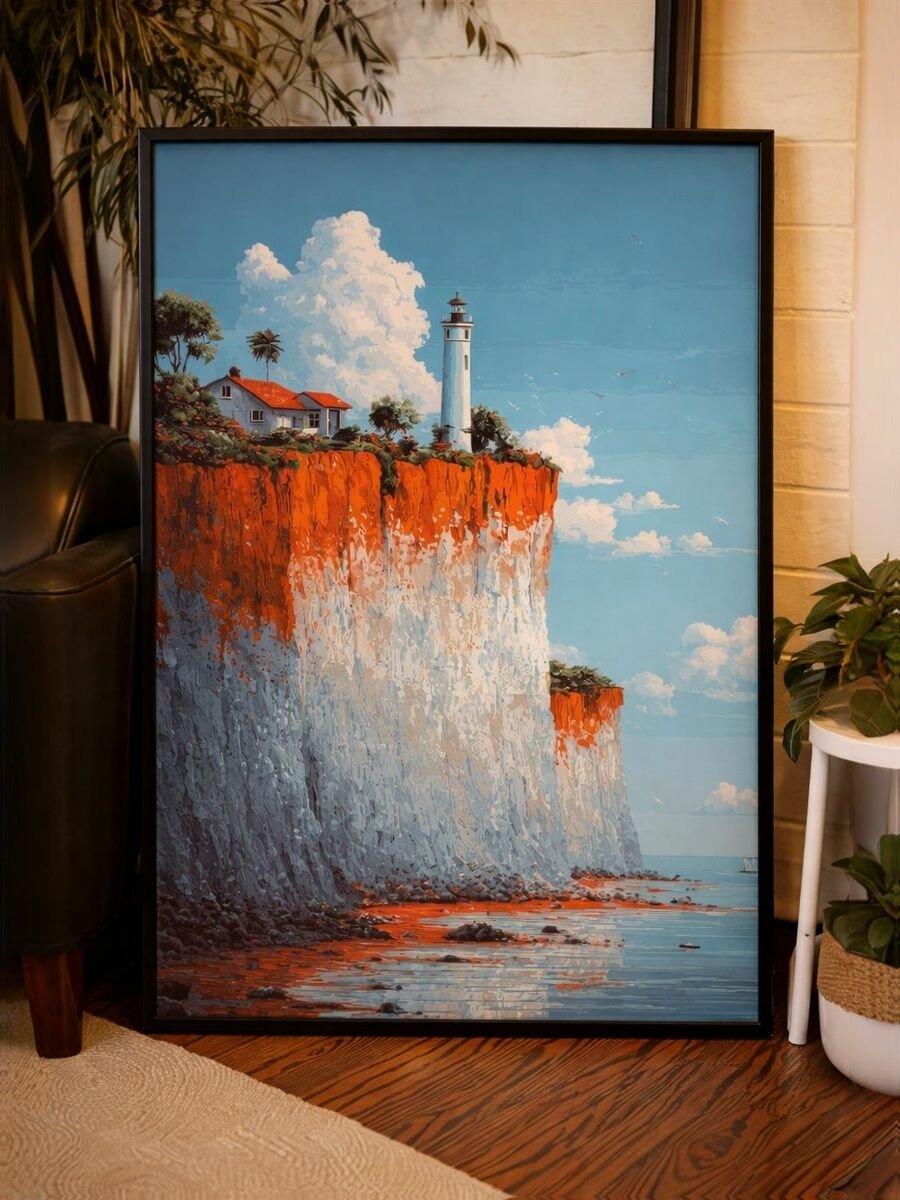 Постер на стену Маяк на скале плакат с морским пейзажем на кухню и в гостиную 30*40 см