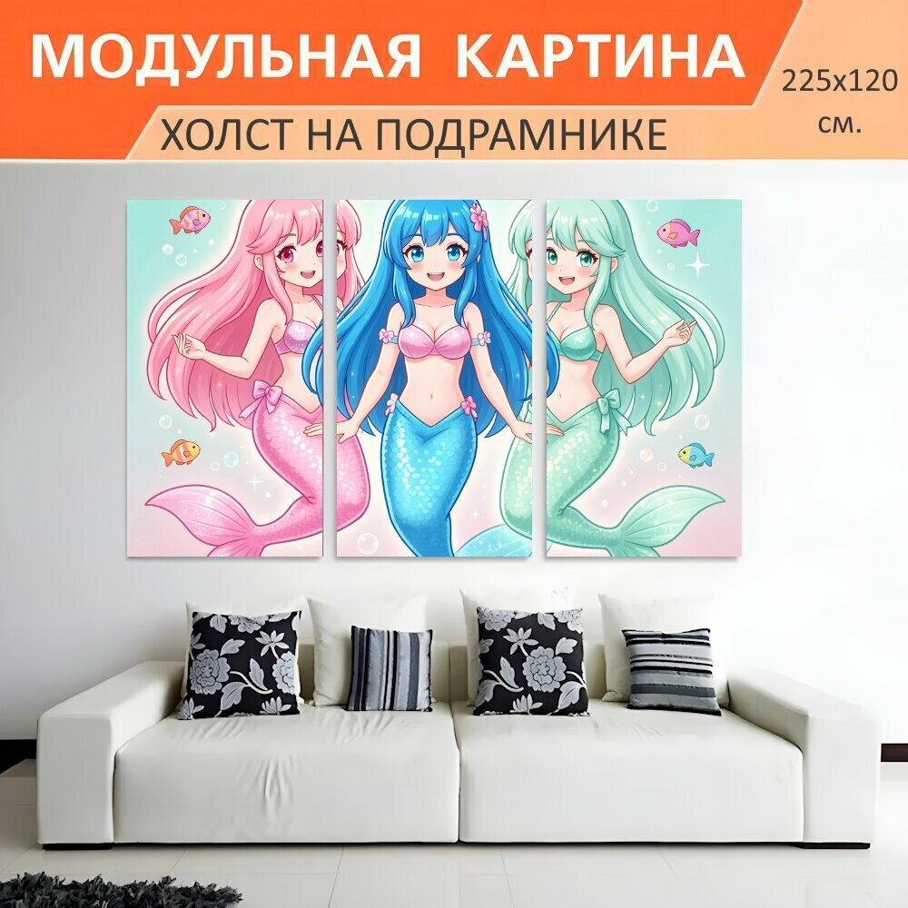 Модульная картина на холсте "Три русалки с рыбками. Яркая аниме-иллюстрация с тремя морскими красавицами с длинными волосами и." триптих на подрамнике 225х120 см. для интерьера