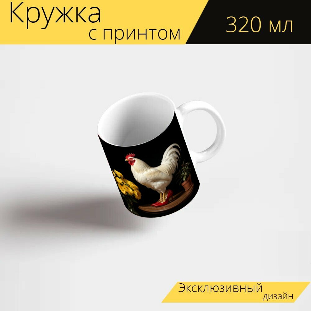 Кружка с рисунком, принтом "Петух на каблуках с цветами. Эффектная сюрреалистичная композиция: белый петух в красных туфлях на шпильке, рядом жёлтые цветы и комнатное." 320 мл.