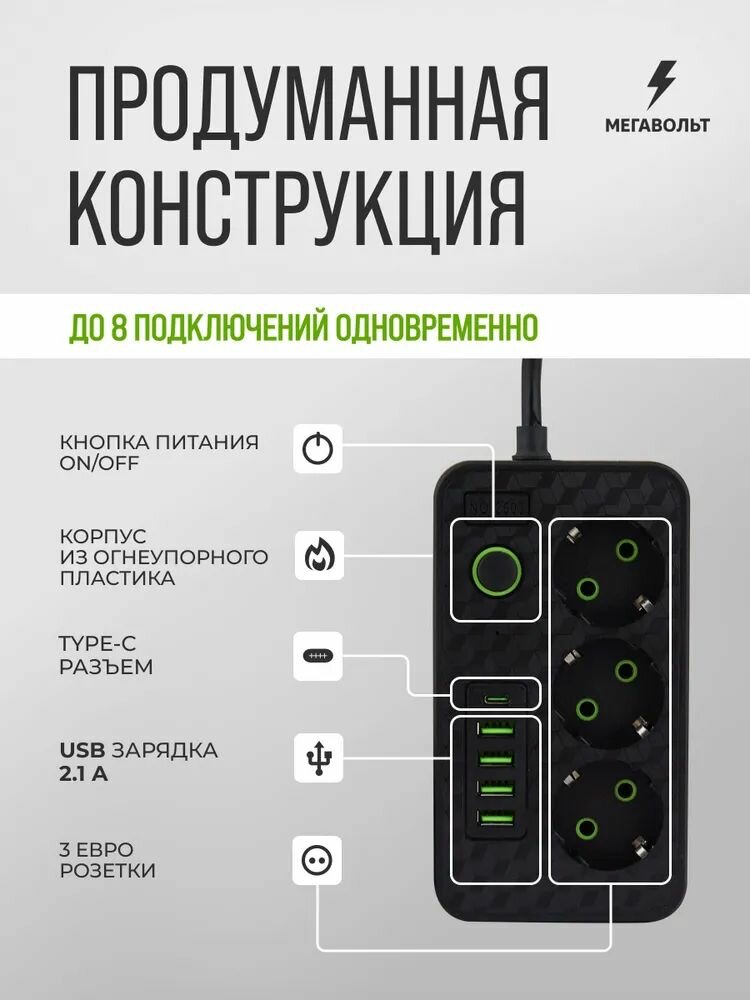 Удлинитель, сетевой фильтр, удлинитель сетевой 5м — фото 1