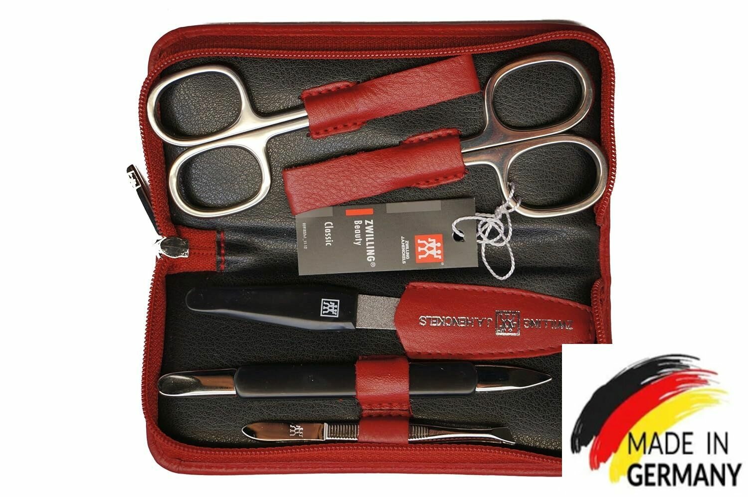 Маникюрный набор ZWILLING Classic Inox пр-ва Германии, оригинал, 5 предметов, футляр из натуральной кожи, красный
