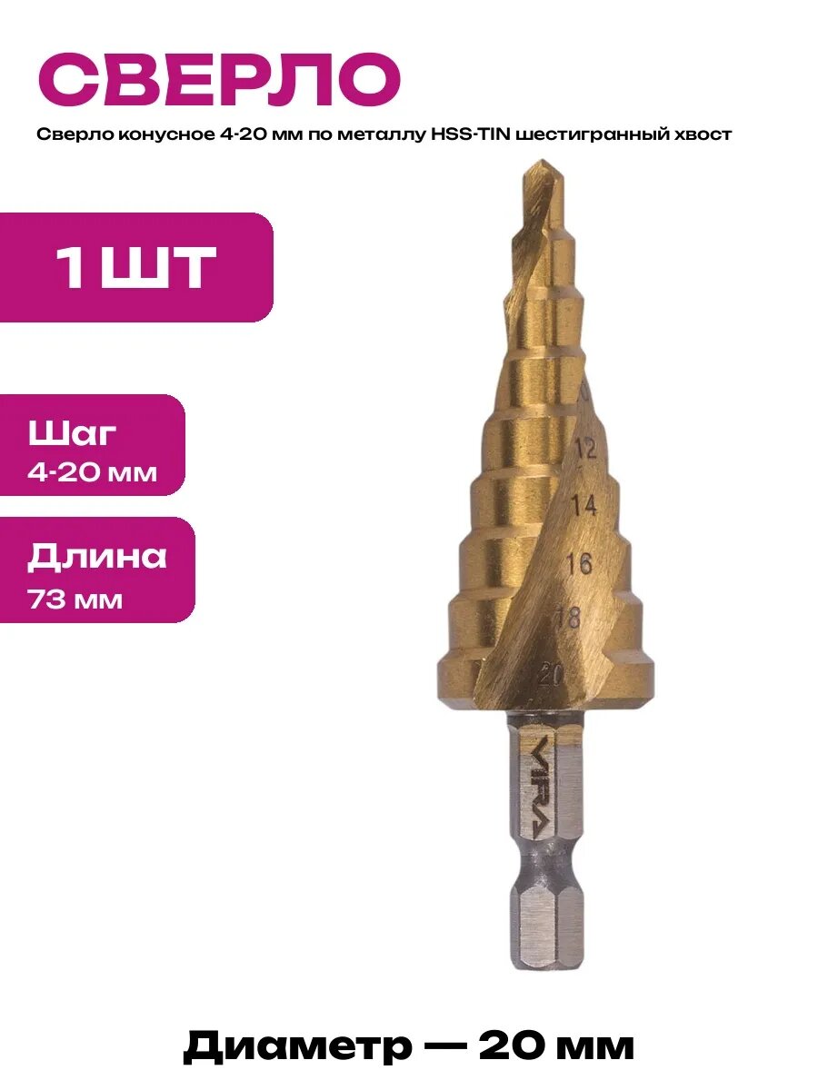Сверло ступенчатое по металлу 4-20 мм спиральное HSS-TIN HEX