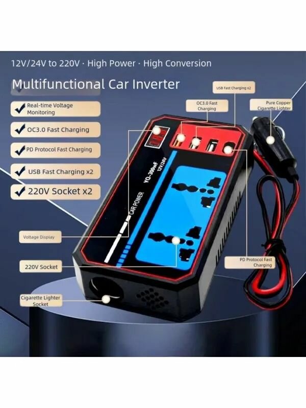 Инвертор для автомобиля 12/24V, 200 Вт, выход до 220V, USB PD и цифровой дисплей, защита от перегрузки — питание ноутбуков и гаджетов