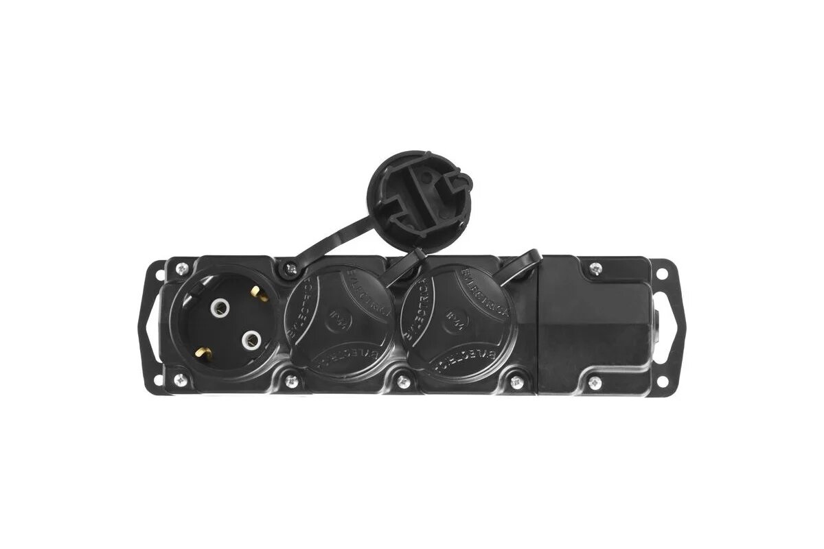 Колодка для удлинителя СИБИН 55114‑3 3 гнезда Schuko IP44 черный каучук 3500 Вт