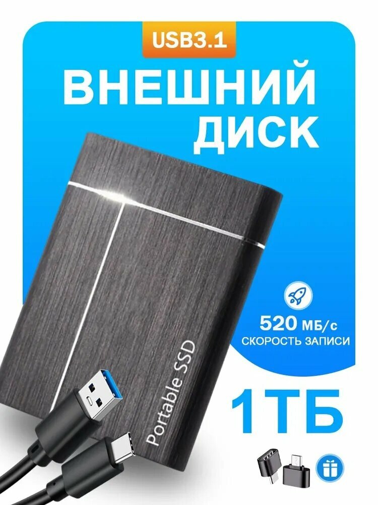 Внешний жёсткий диск, 1ТБ, металл, чёрный, адаптер Type-C, Mini USB