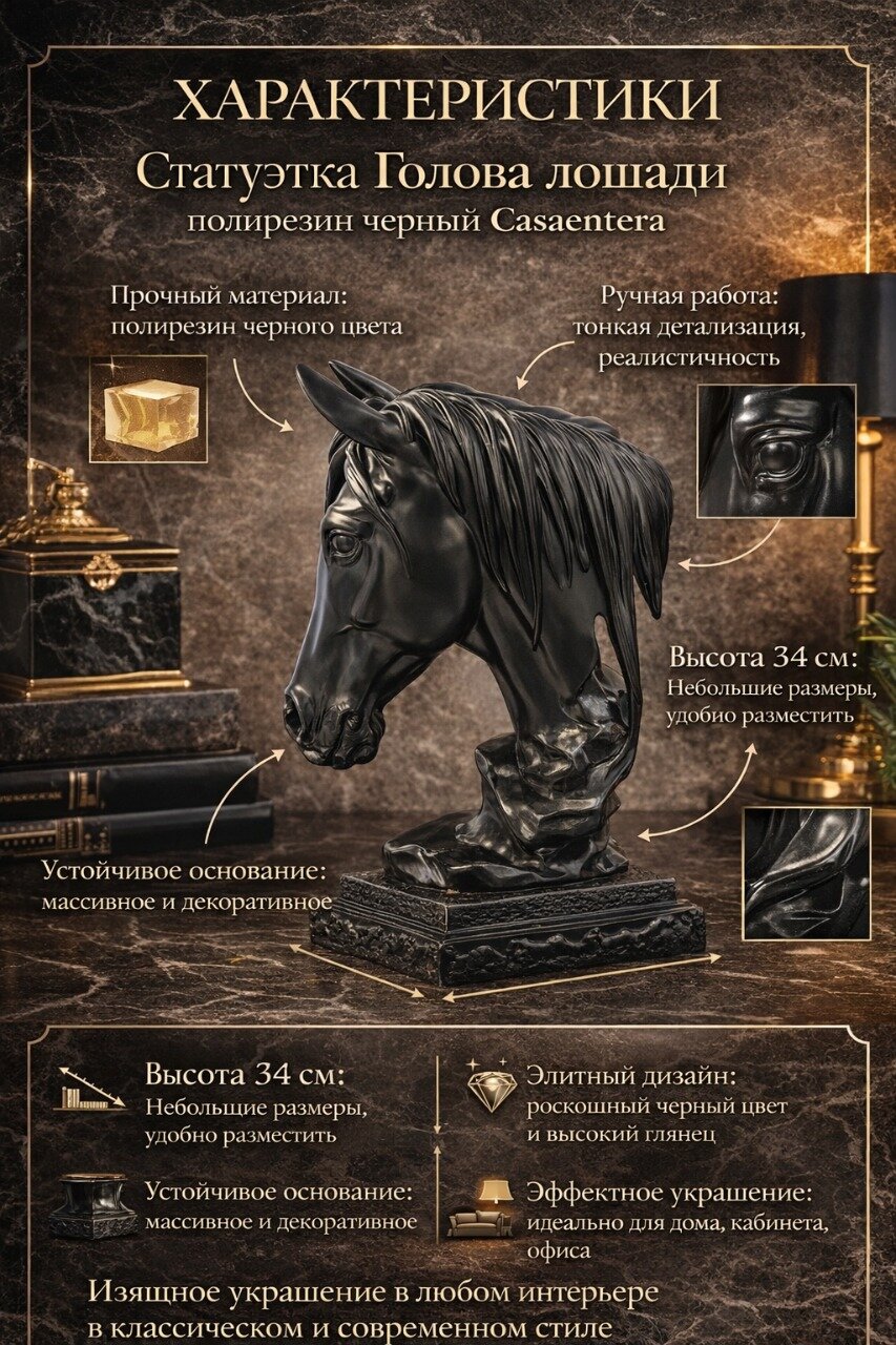 Статуэтка Голова лошади полирезин черный Casaentera 30х14х41 см CE08-9346-017