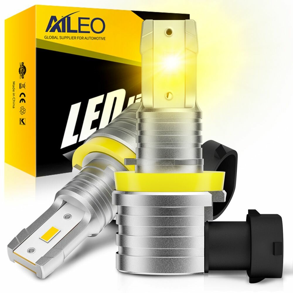 AILEO Лампа автомобильная H11/H8/H9/H16, 3000 шт. арт. AILEO H11 лампа светодиодная H8 H9 H16 led 3000k 50Вт Прямое включение Светодиодные лампы 8000Лм комплект 12В 2шт
