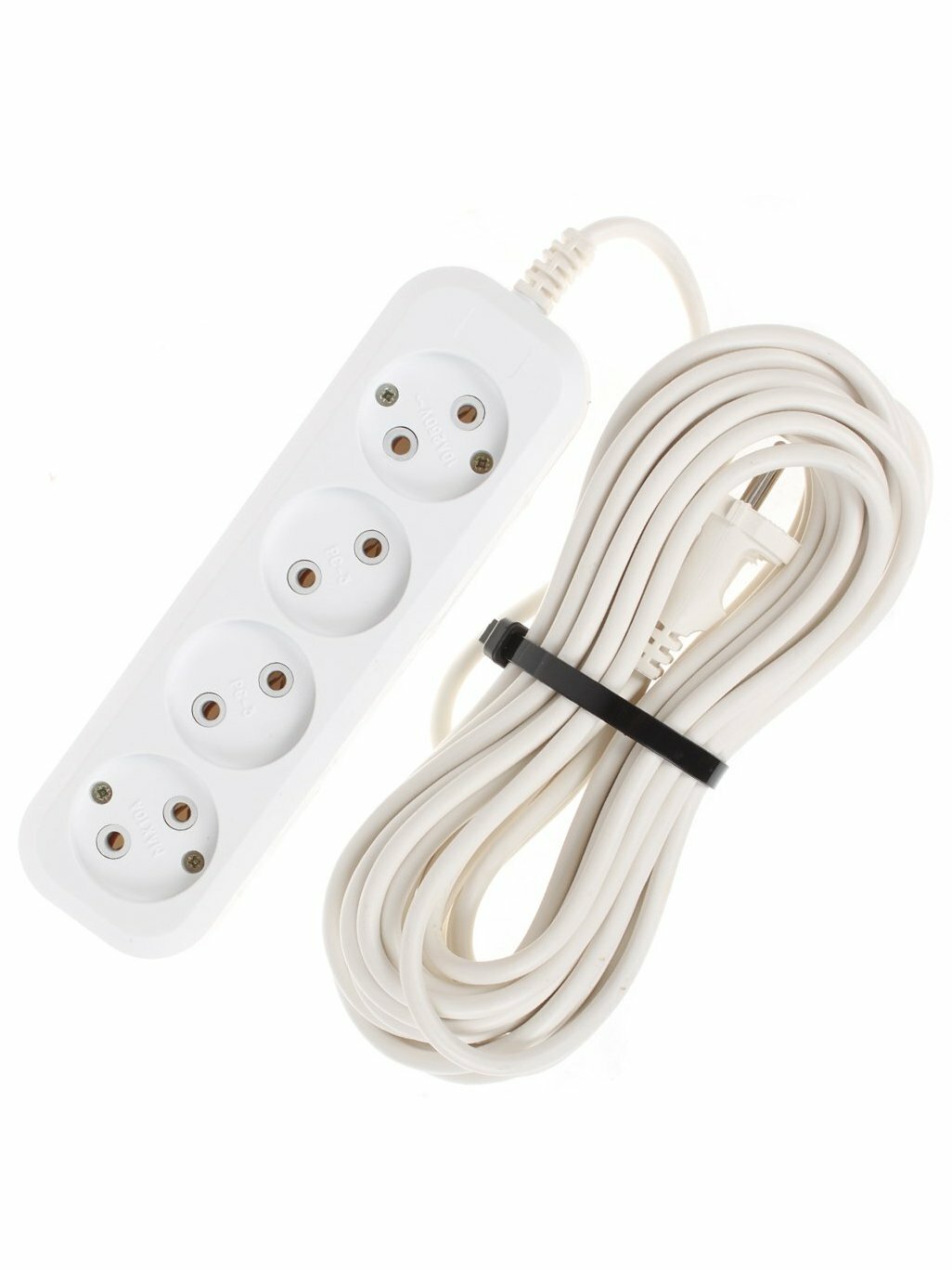 Удлинитель бытовой Jett РС-4, 4 гнезда, 10 метров, 10А, сечение 2х0.75 мм², белый, без заземления, ПВС, Россия, 155-409