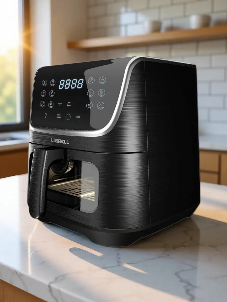 Аэрогриль Ligrell LAIF-6001TB с конвекцией, 2000 Вт, 12 программ, чаша 6л с антипригарным покрытием, таймер, дисплей, сенсорное управление, черный