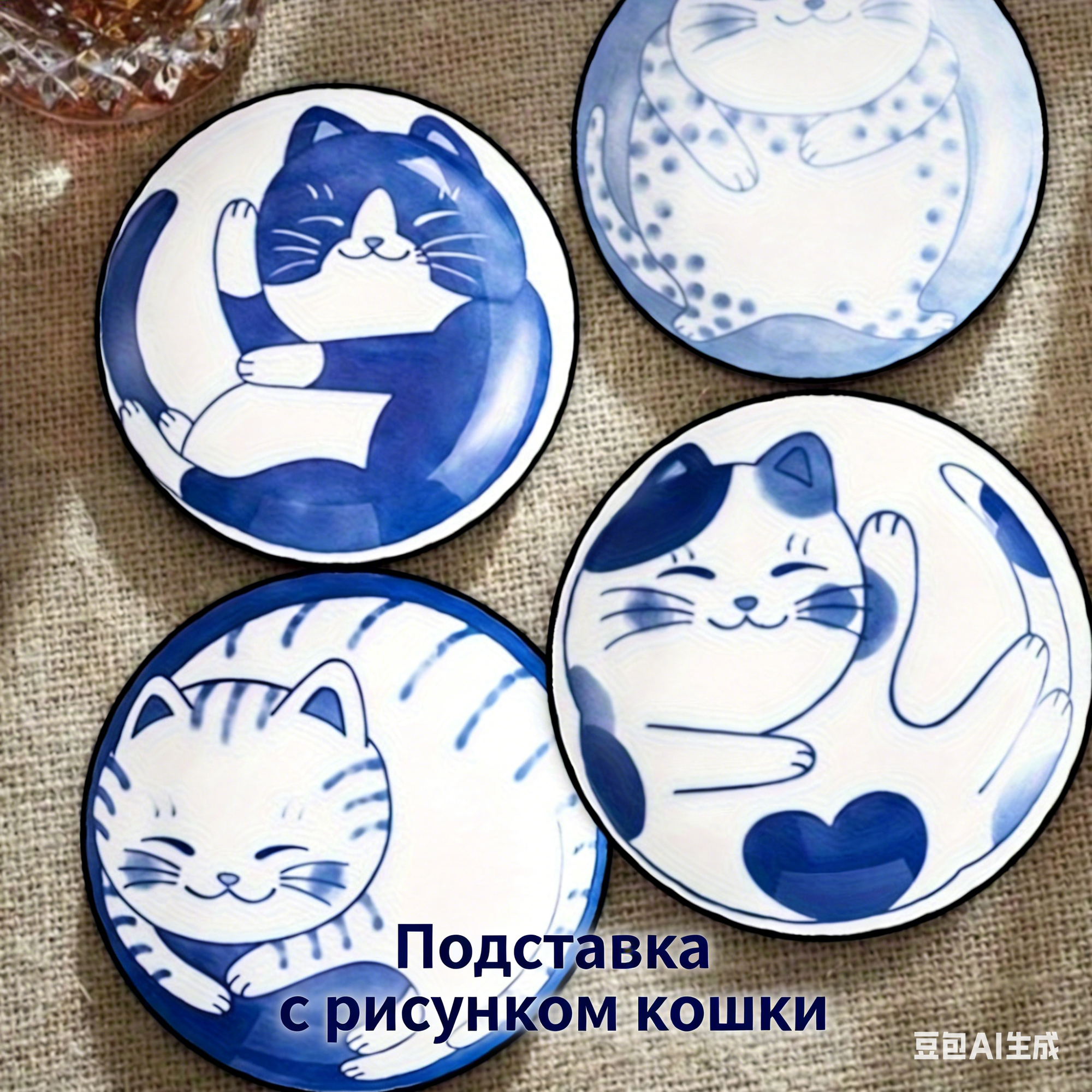 Деревянная подставка с рисунком кошки, синяя, 4 шт, 10*10 см