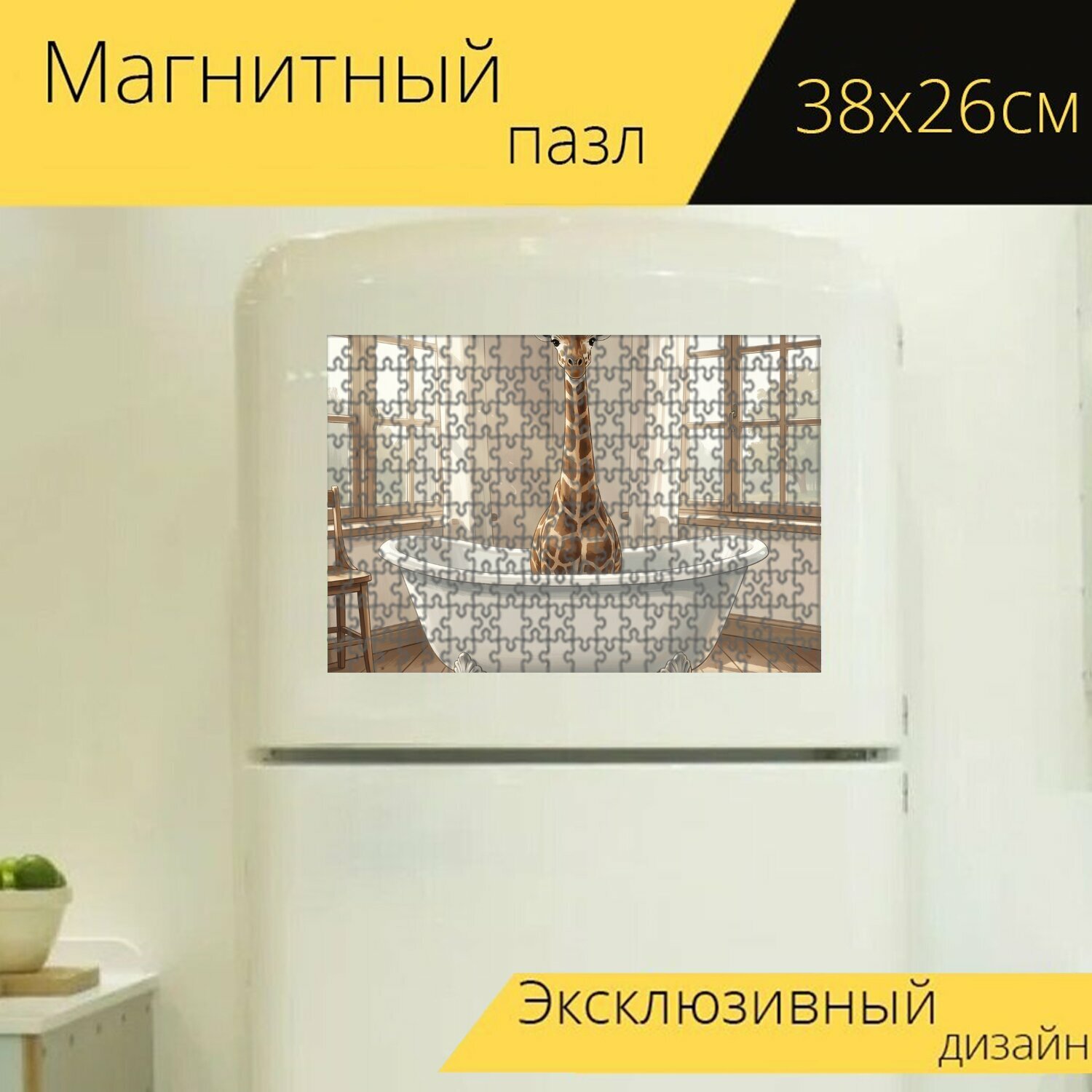 Магнитный пазл "Жираф в ванной у окна. Забавная иллюстрация с длинношеим животным в светлой купели в уютной комнате. Скандинавский интерьер, пастельные." для интерьера, 38х26 см.