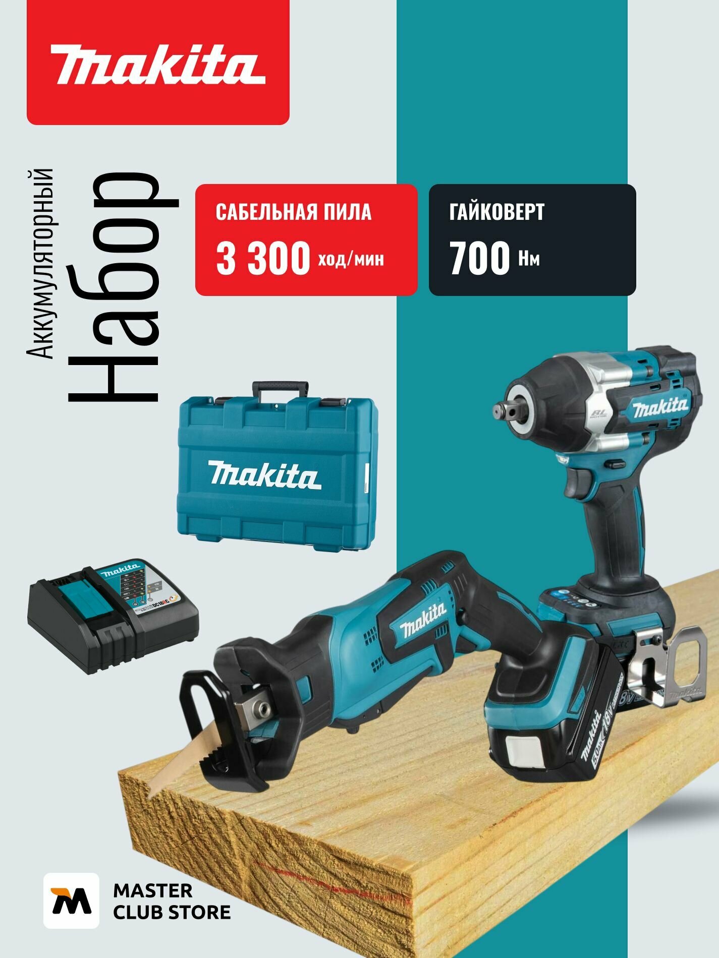 Аккумуляторный набор Makita, 18 В: гайковерт DTW700 + сабельная пила DJR185, с 2 АКБ 3 Ач и ЗУ, в кейсе