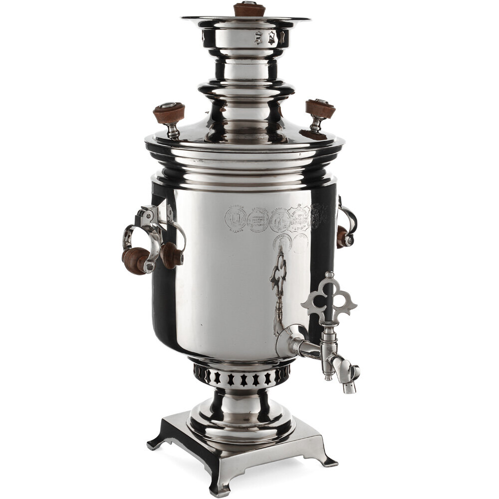 Самовар антикварный на дровах 4 литров формы «Банка» Салищева с медалями, серебристый