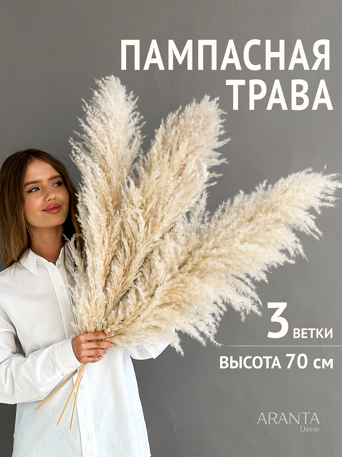 Пампасная трава высокая 70 см, Сухоцветы для декора ARANTA, 3 ветки