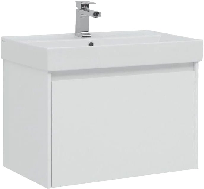 Тумба с раковиной Aquanet Nova Lite 75 подвесная, 75, 7 см, белая, глянцевая, из ЛДСП, с ящиками, раковина для ванной, фаянсовая, прямоугольная, встроенный слив-перелив