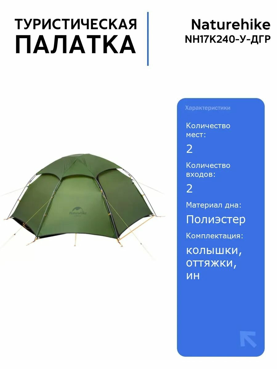 Палатка Naturehike Cloud Peak 20D Si 2-местная, алюминиевый каркас, зеленый, с высокой водостойкостью и двумя входами для