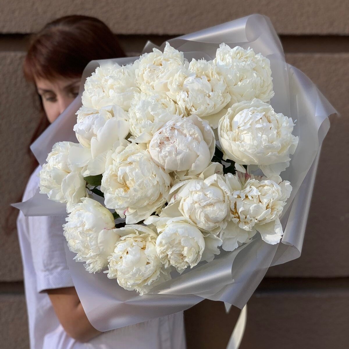 Букет из белых пионов 15 шт, красивый букет цветов, шикарный, премиум цветы, премиум букет