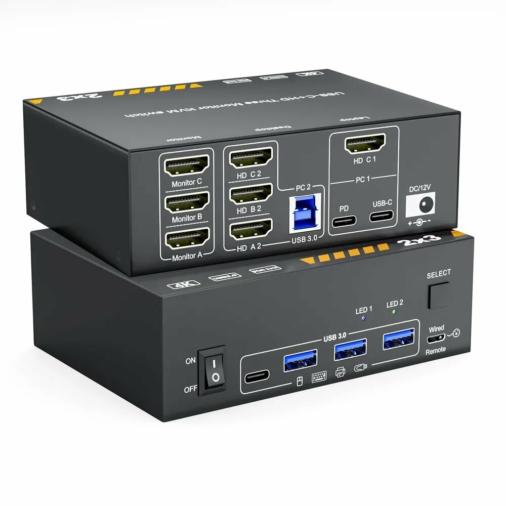 KVM Switch 3 монитора 2 компьютера HDMI USB C 4K@60Hz
