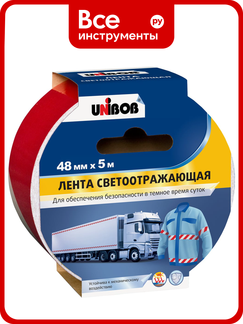 Клейкая лента UNIBOB разметочная, светоотражающая, 48 мм х 5 м, Красно Белая
