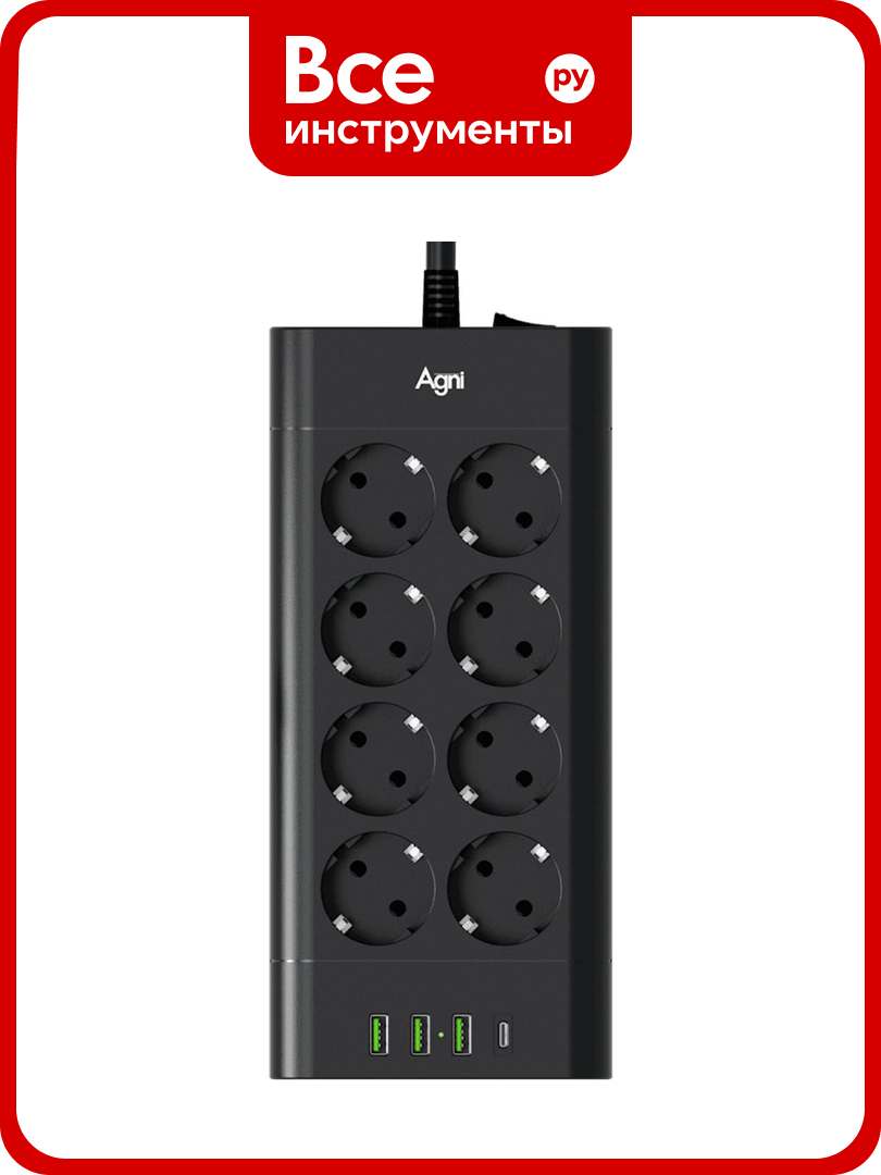 Сетевой фильтр AGNI плоский, 8 розеток, кабель 5м, 3USB, 1TYPE-C 20W, черный, подключения чувствительной электроники
