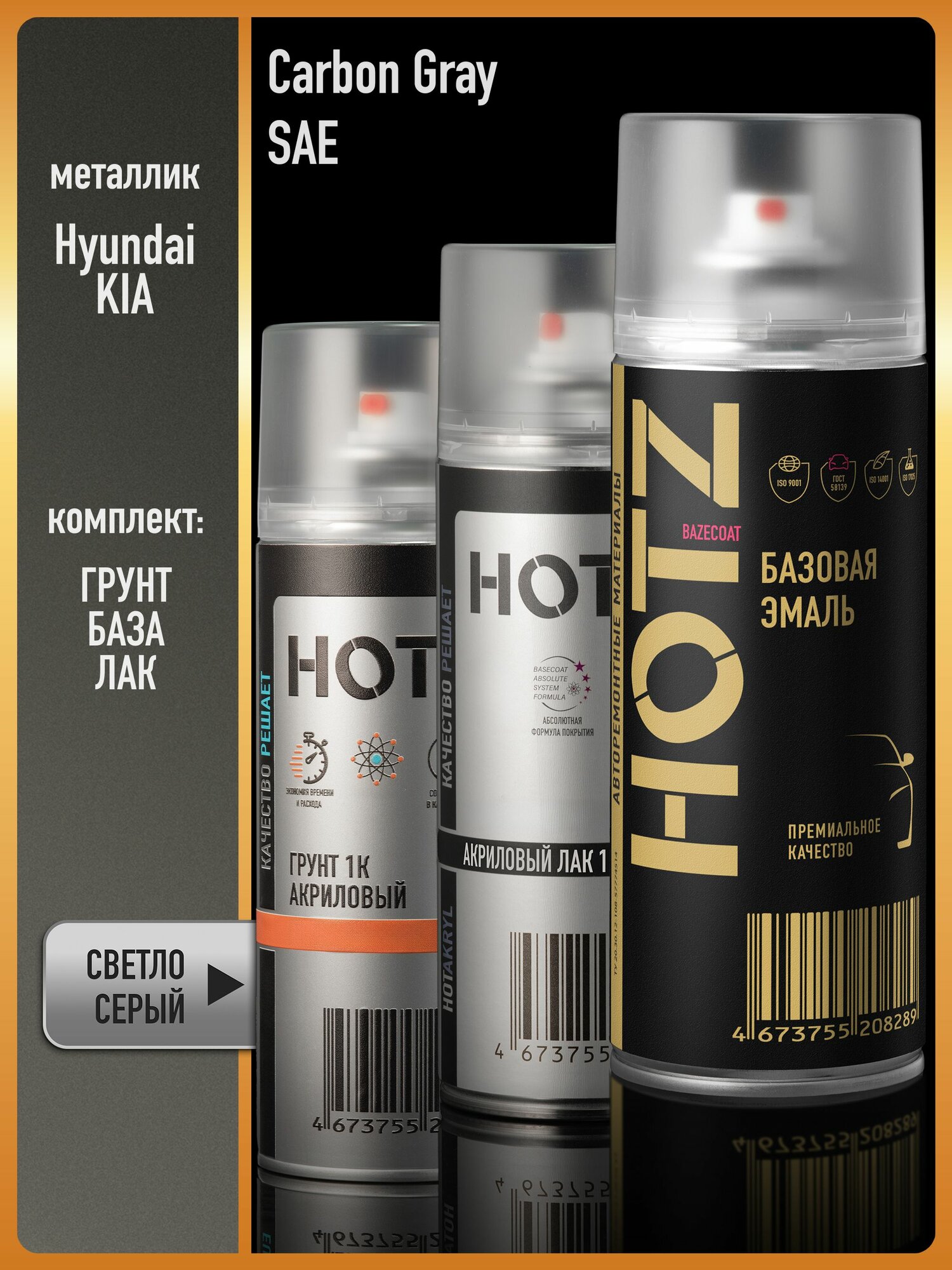 Комплект: (Краска аэрозольная 1K "Hyundai/Kia Carbon Gray SAE" 520 мл + Грунт 1К выравнивающий, Светло - серый, 520 мл + Лак 1К, 520 мл.), HOTZ