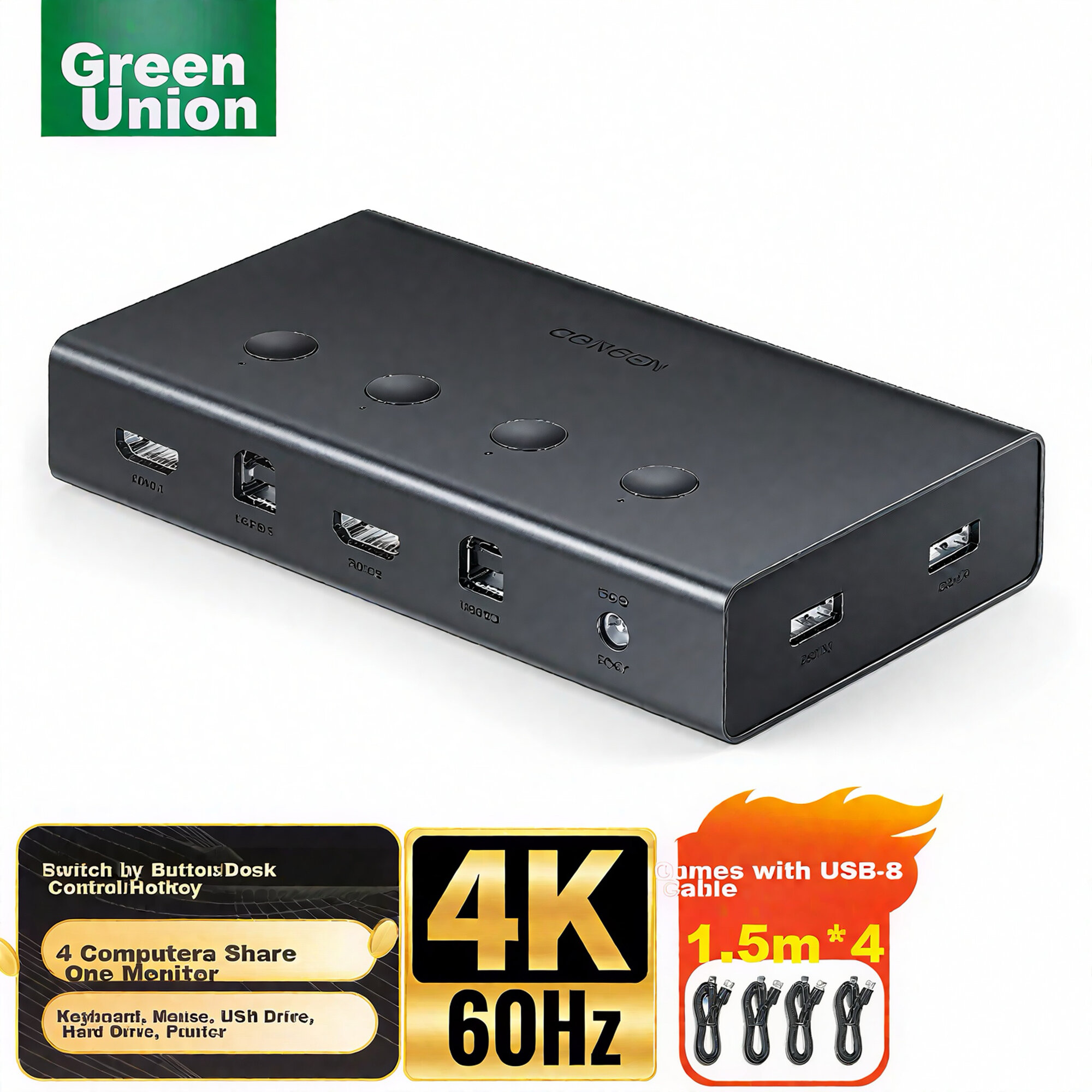 Переключатель KVM UGreen HDMI Lulian 70439, 4 выхода, 4К, 60 Гц