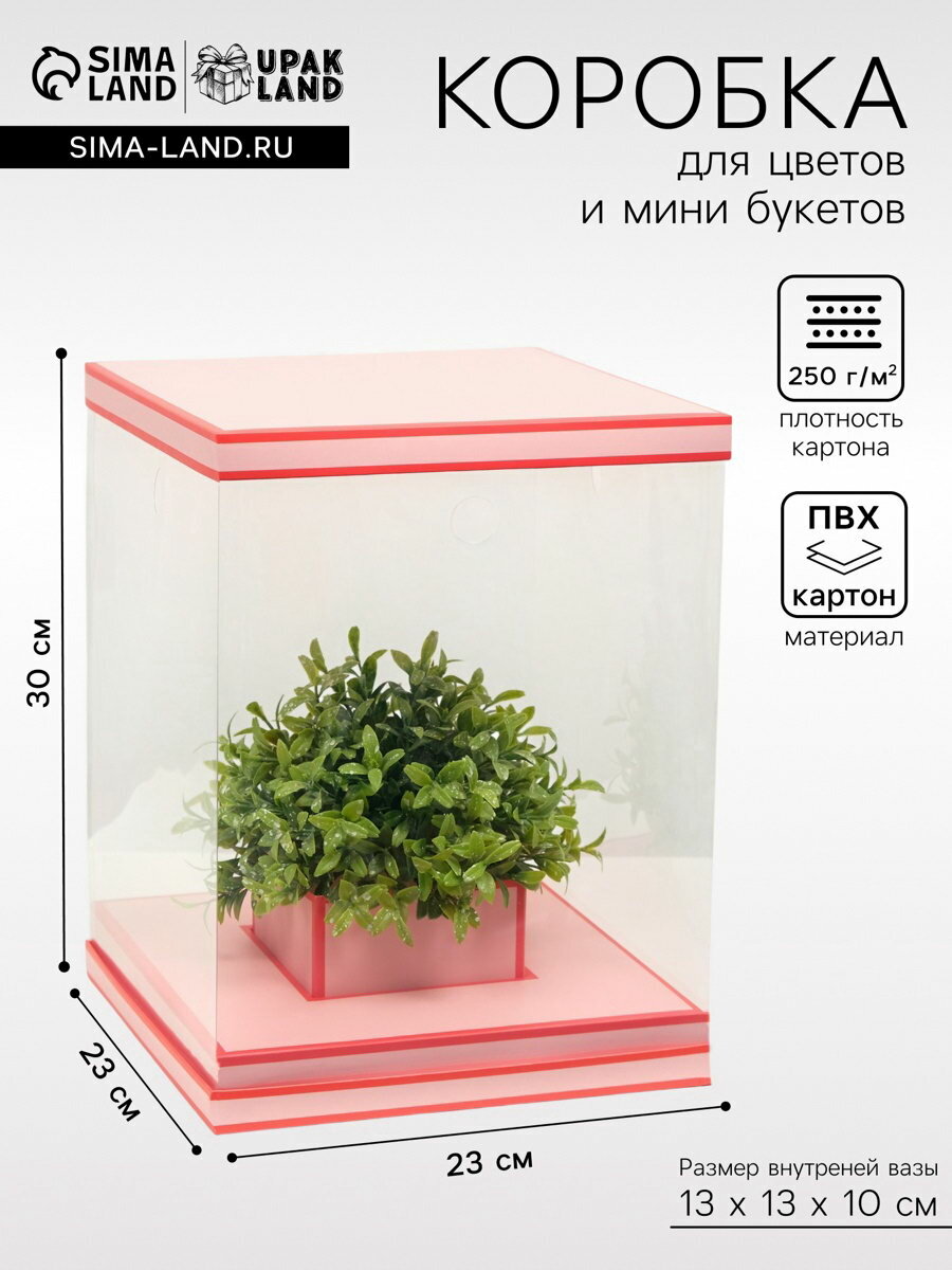 Коробка для цветов с вазой и PVC окнами складная, насыщенно - розовый, 23x30x23 см
