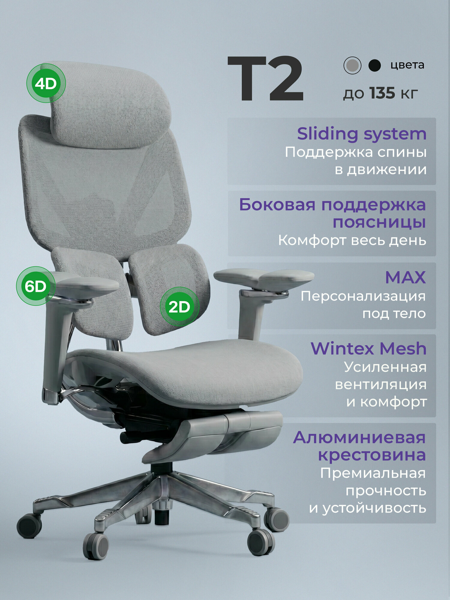 Кресло компьютерное эргономичное ортопедическое для дома и офиса Ergostul T2 Grey