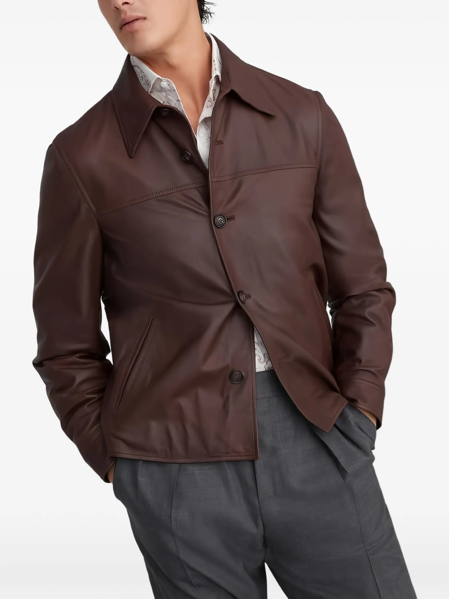 Куртка BRUNELLO CUCINELLI Single-breasted leather jacket, размер 52, brown — фото 1