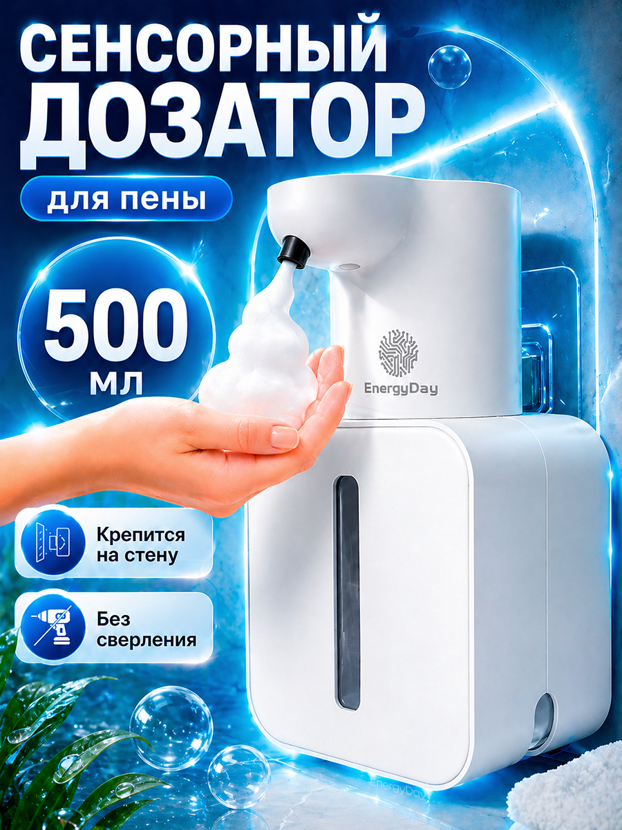 Дозатор для жидкого мыла/ Диспенсер для мыла сенсорный, 500 мл. EnergyDay