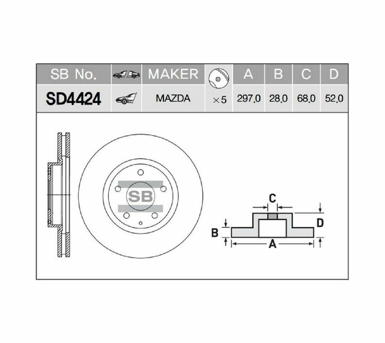 Диск тормозной передний SANGSIN SD4424 для а/м Mazda 6, CX-5, 2.0, 11-, 297х28 мм.