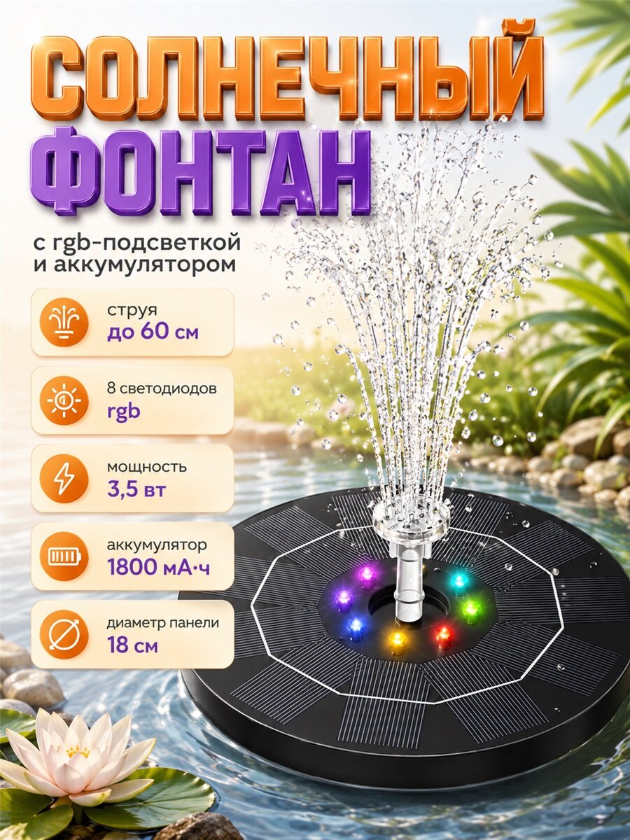 Солнечный фонтан плавающий с RGB-подсветкой и аккумулятором, для пруда, бассейна, сада, высота струи воды до 60 см