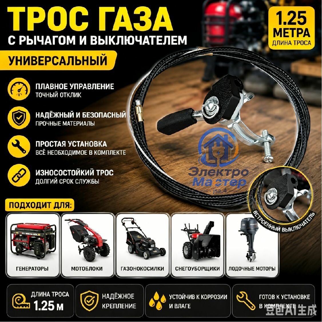 Трос газа универсальный 1100-1250 мм для мотоблока, культиватора, виброплиты: в сборе с ручкой управления, готов к установке