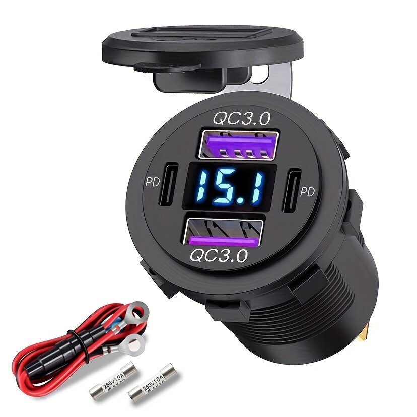 Автомобильный разветвитель прикуривателя с 4 USB-портами (2 PD 3.0, 2 QC 3.0) и вольтметром 12В, для автомобилей, лодок, автобусов и мотоциклов, цвет синий