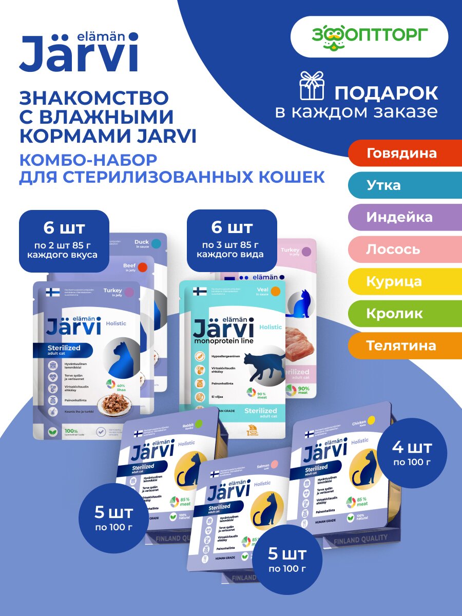 Комбо-набор Jarvi влажный корм для стерилизованных кошек: паштет Кролик/Лосось/Курица (100 г х 14 шт.) + пауч Говядина/Утка/Индейка/Телятина (85 г х 1
