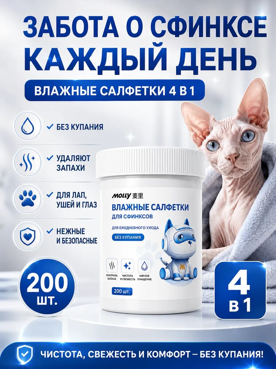 Специальные влажные салфетки для бесшёрстных кошек