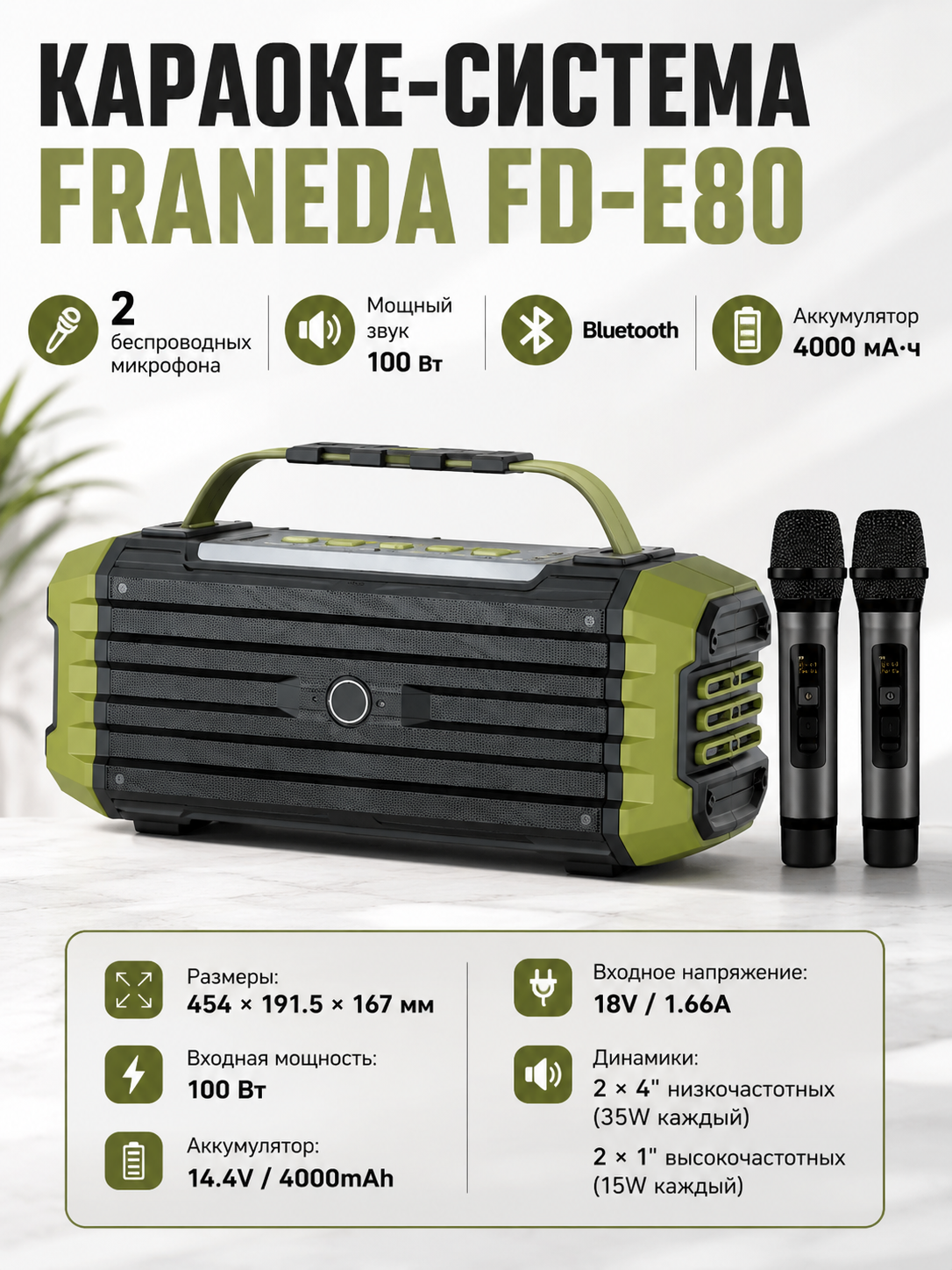 Караоке-система Franeda FD-E80, Bluetooth, 2 беспроводных микрофона, до 100 Вт, подсветка, оливково-зелёный