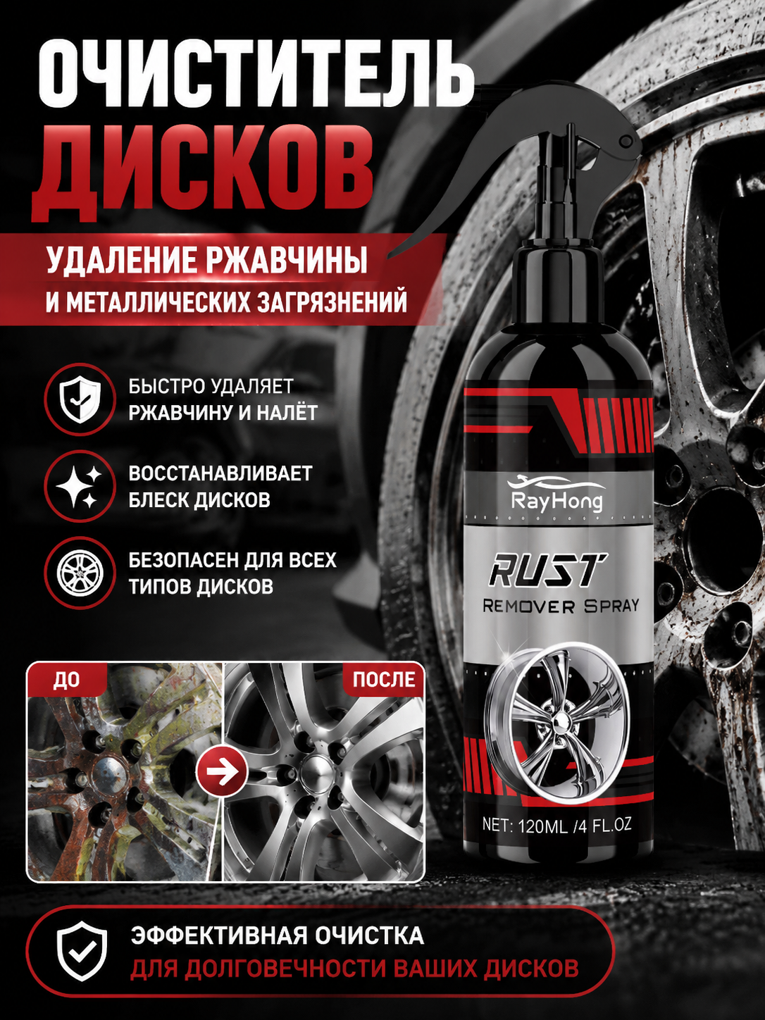 Очиститель дисков автомобиля, удаление ржавчины и металлических загрязнений