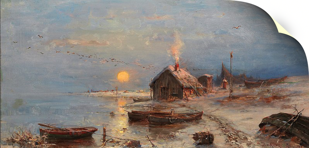 "Рыбацкая деревня на побережье Балтийского моря", Клевер Ю. Ю, картина для интерьера (репродукция) (80х39 см / без подрамника)