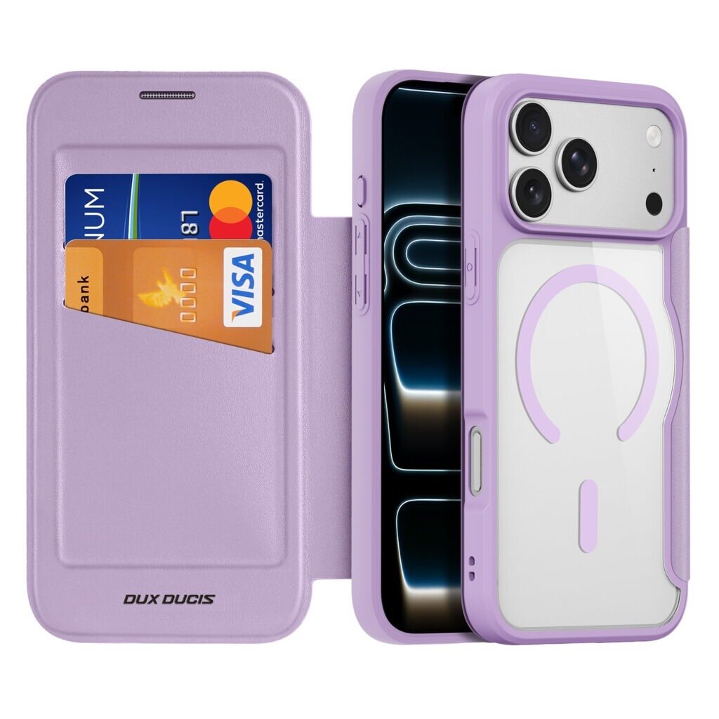 Чехол книжка фиолетового цвета (Purple Pink) с MagSafe от Dux Ducis для смартфона iPhone 17 Pro Max, серия Skin X Pro Series