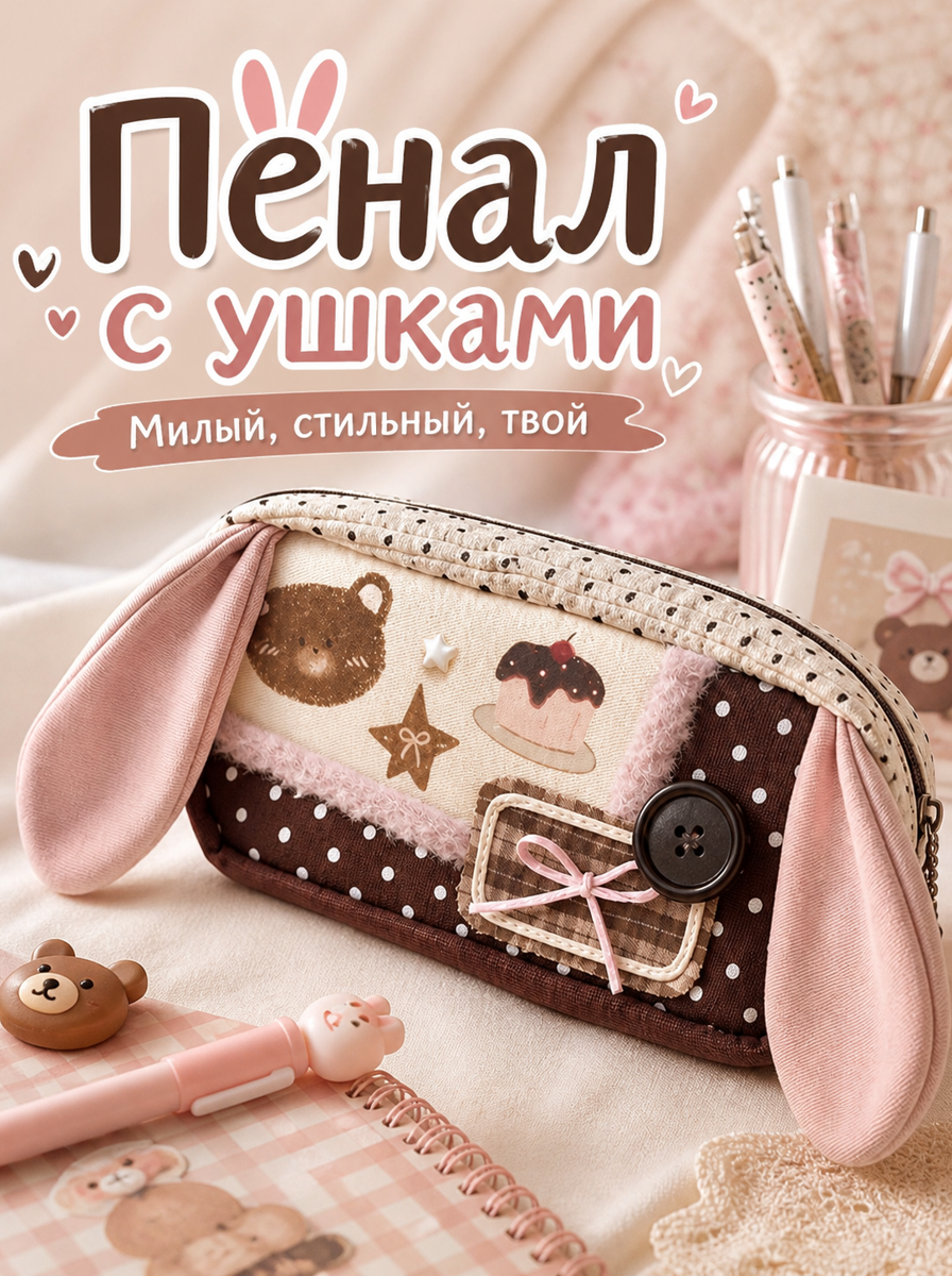 Пенал школьный тканевый с ушками кролика и прозрачным окном, розовый — органайзер, 23х13х2 см