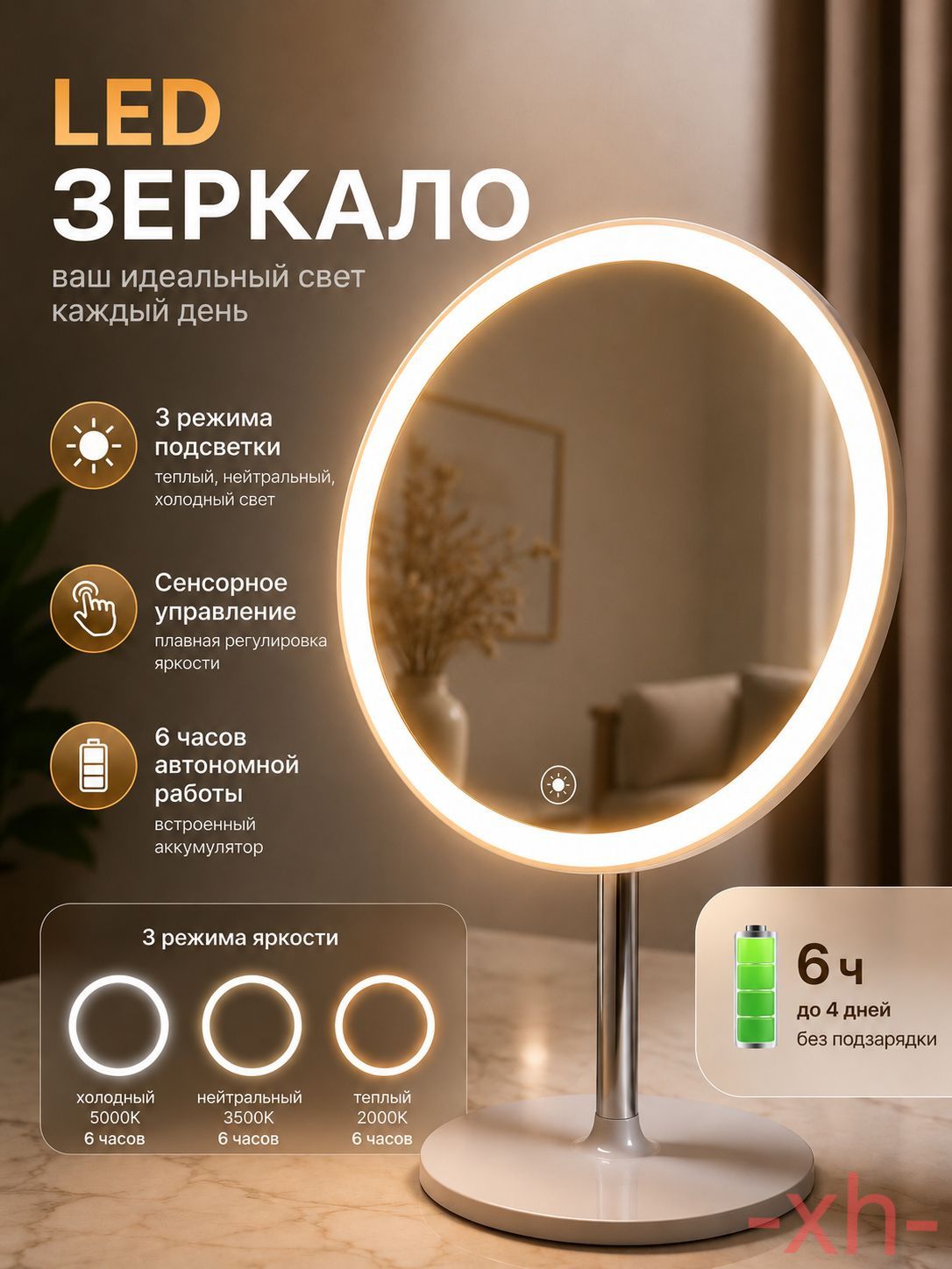 Зеркало настольное, 21.5 см х 33 см, 1 шт, Артикул: 5688682549