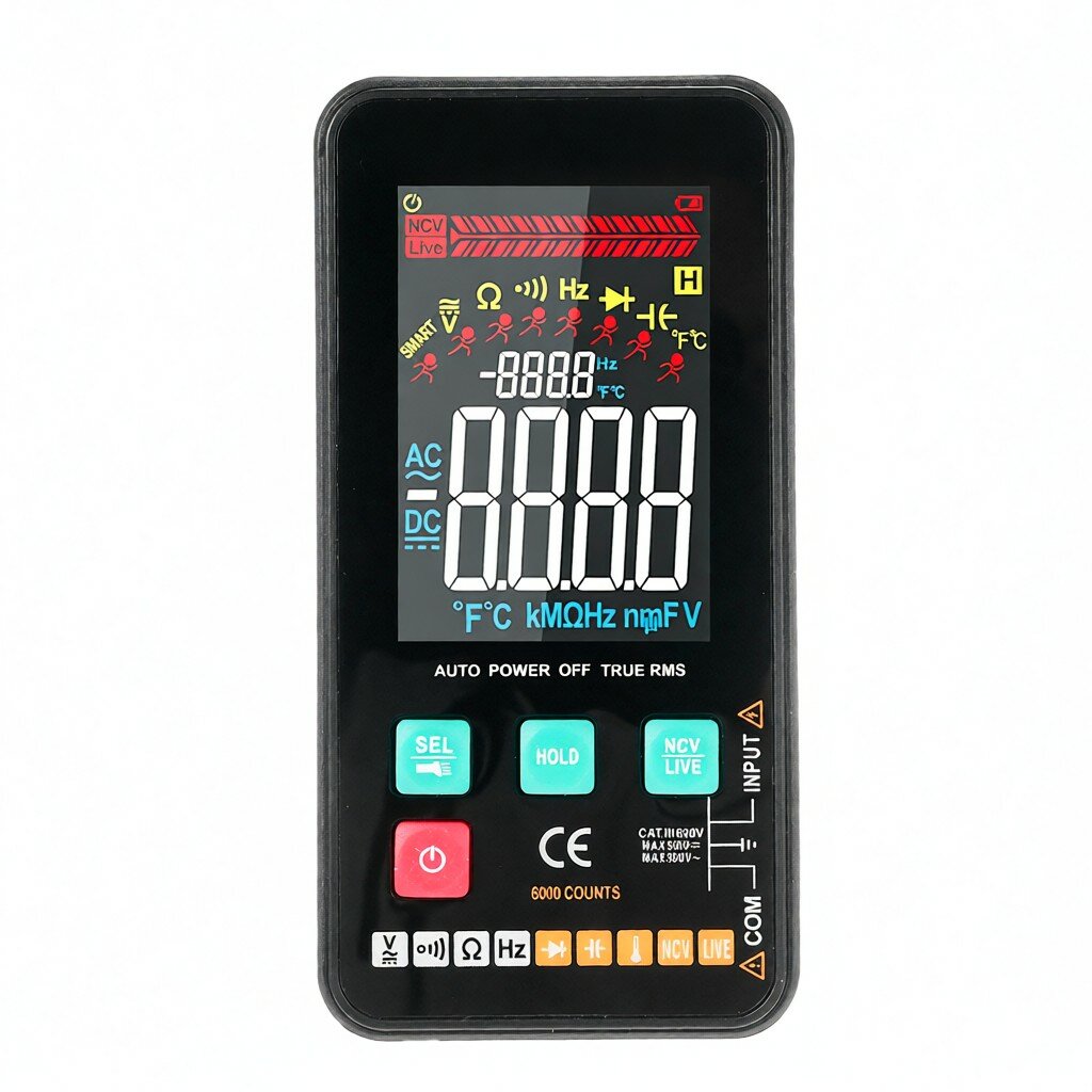 MASTFUYI FY129C Цифровой мультиметр со станиной Компактный тестер 5999 подсчета с подсветкой LCD Измерение напряжения переменного/постоянного тока Сопротивление Частота Непрерывность Проверка живого провода NCV Диод