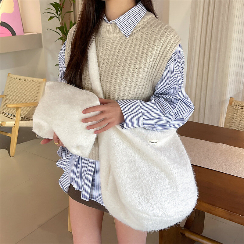 Новая сумка через плечо в ретро стиле, плюшевая, регулируемая, повседневная, с большой вместимостью, универсальная сумка-тоут