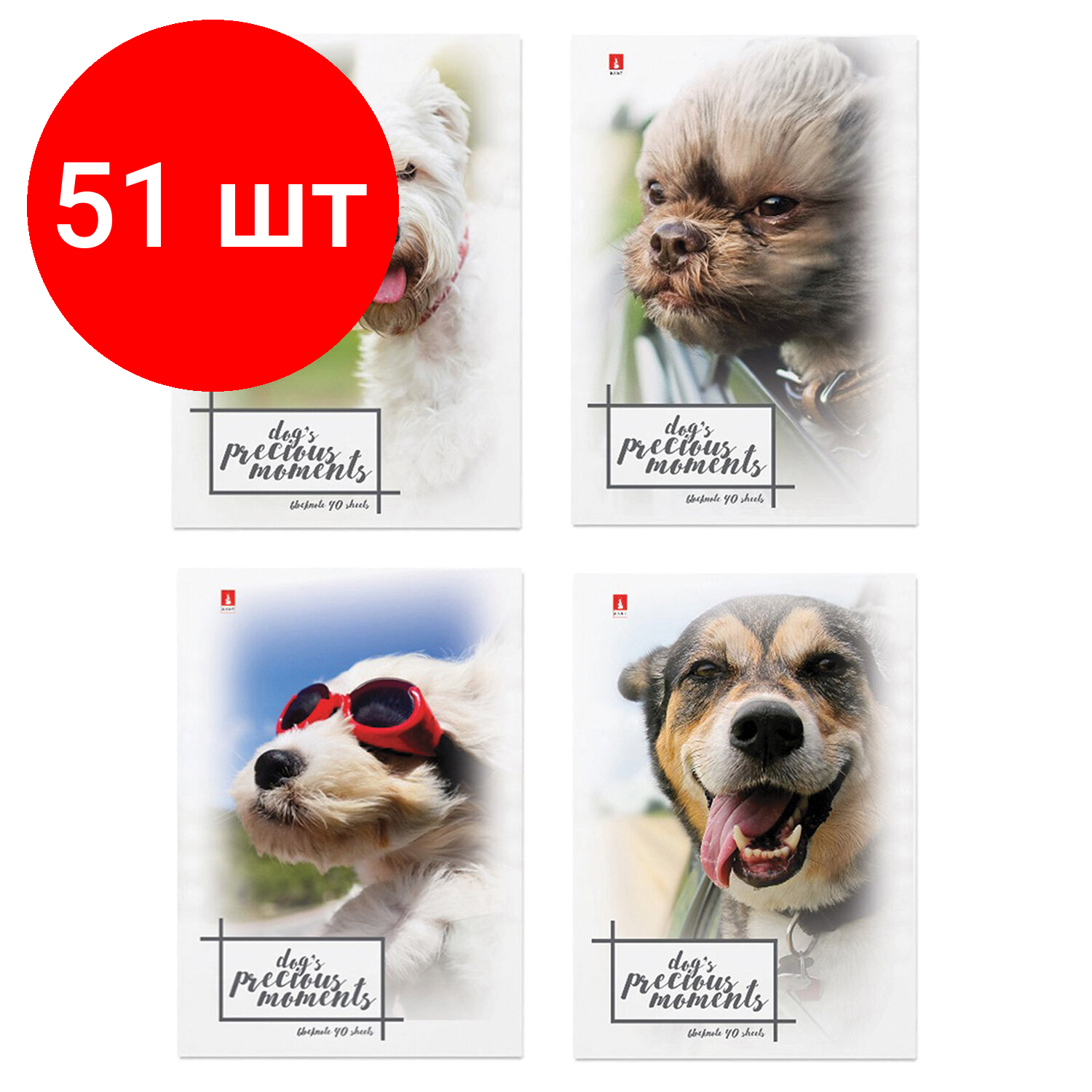 Комплект 51 шт, Блокнот А7, 40 л, скоба, ламинированный картон, клетка, Альт, "Щеночки", (4 вида), 3-40-107
