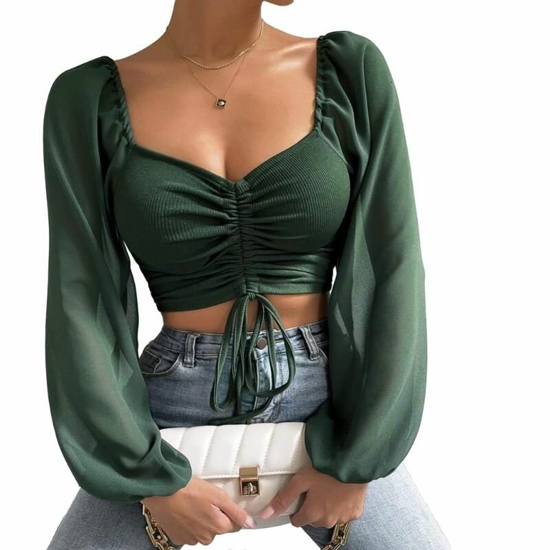 Женская прозрачная блузка из чиффона с длинными рукавами, темно - зеленый - XXXL