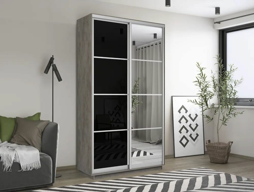 Шкаф-купе Флорида 2дв. (Зеркало/Стекло черное) профиль серебро, 120х60х220 см. Бетон