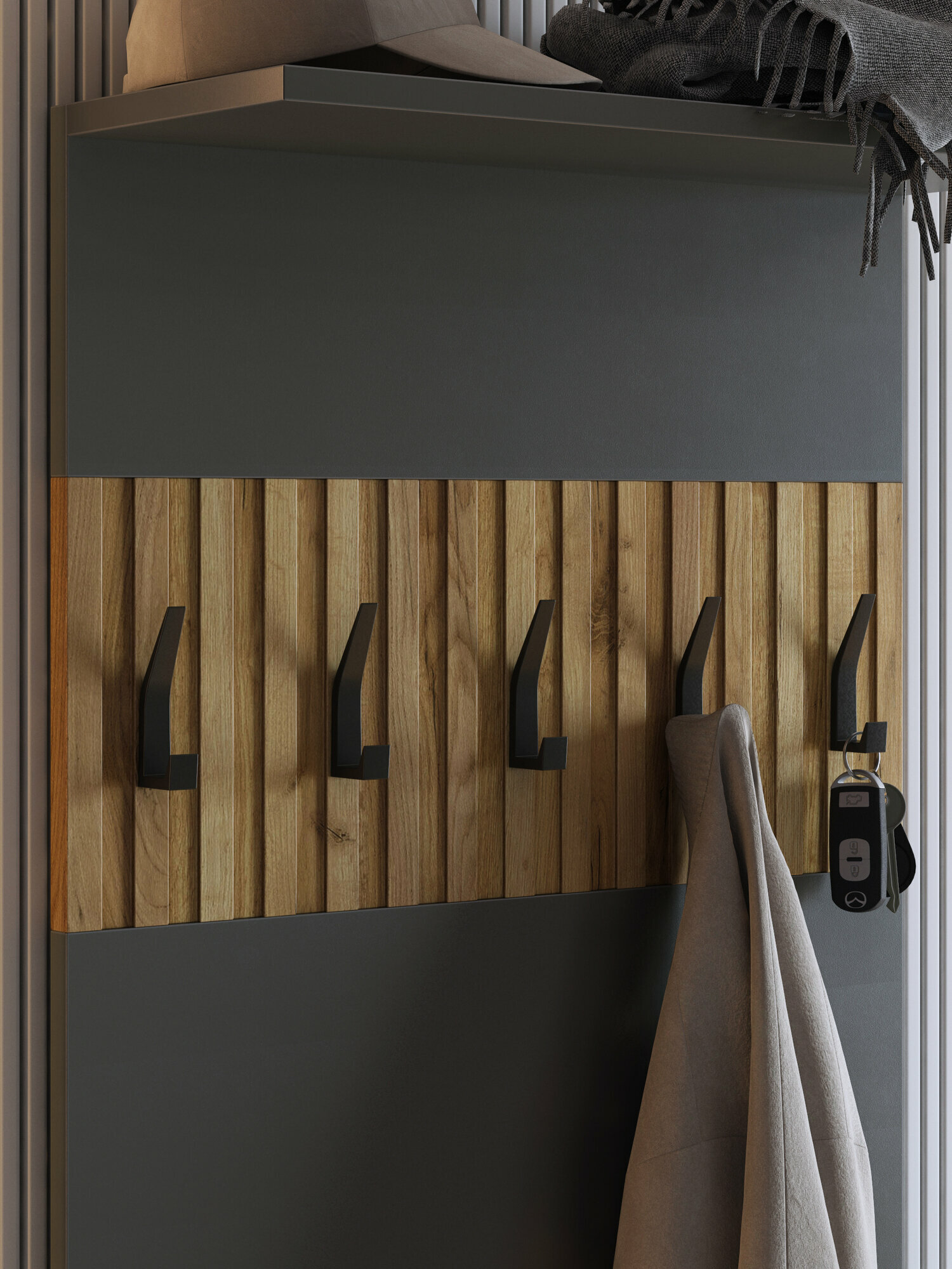 Вешалка "Лофт Вельвет 3", настенная, 5 крючков, скрытое крепление, графит, дуб крафт золотой