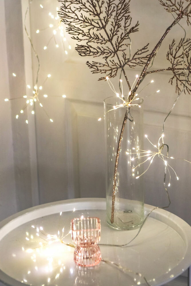 Светодиодная гирлянда серебристый фейерверк, 120 тёплых белых micro LED-огней, 2.4х0.3 м, контроллер, таймер, серебряный провод, уличная, батарейки, Kaemingk 493642