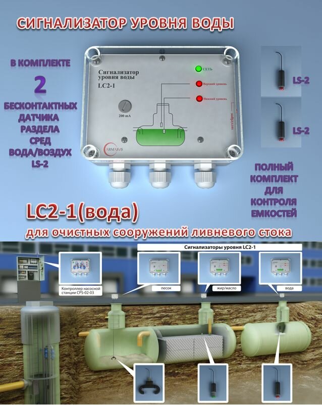 Сигнализатор уровня LC2-1(вода) Арматех для отстойников с двумя датчиками воды LS-2